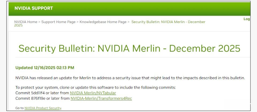 Nvidia修补推荐系统框架Merlin高风险漏洞 - 十轮网